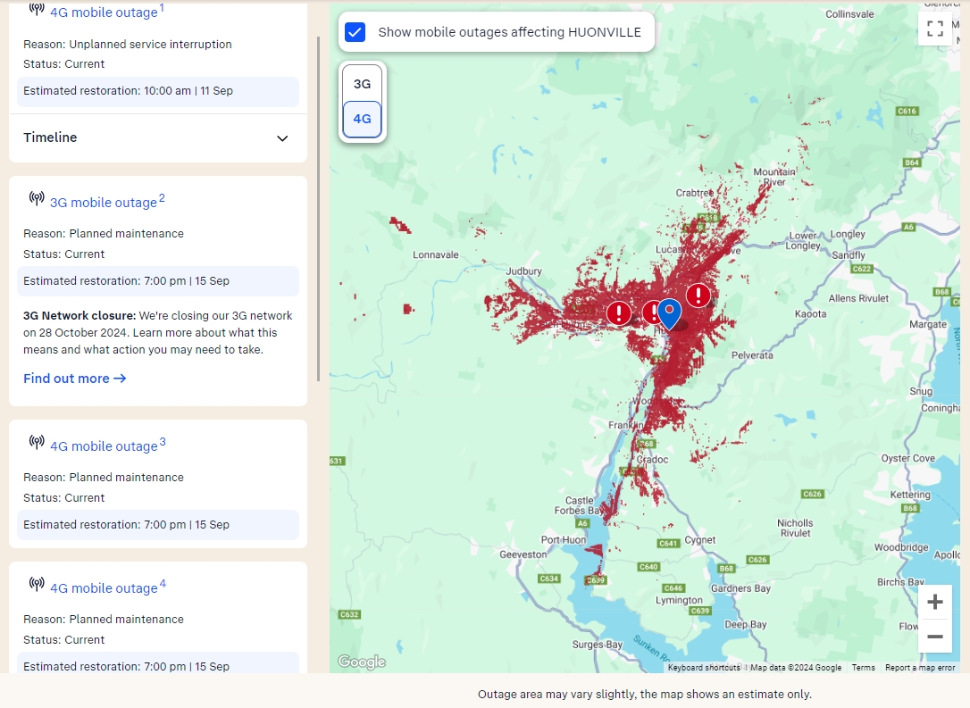 Telstra outages - Huonville and surrounds - Huon Valley Council